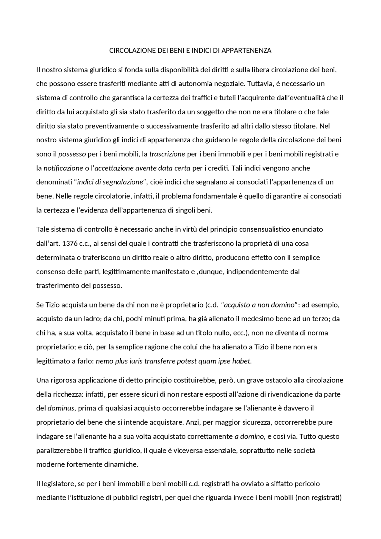 Circolazione Dei Beni E Indici Di Appartenenza Docsity