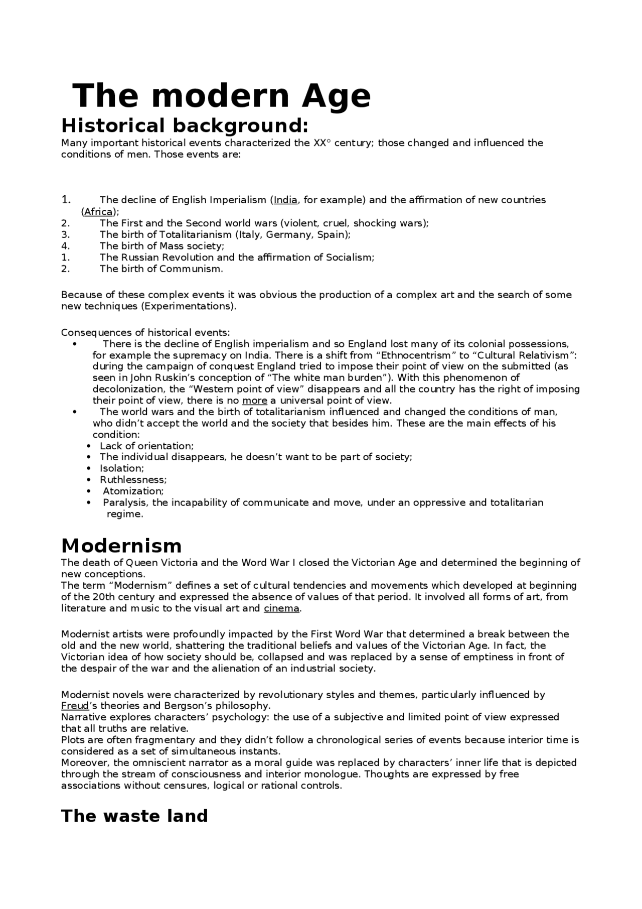 The modern age-riassunto in inglese - Docsity