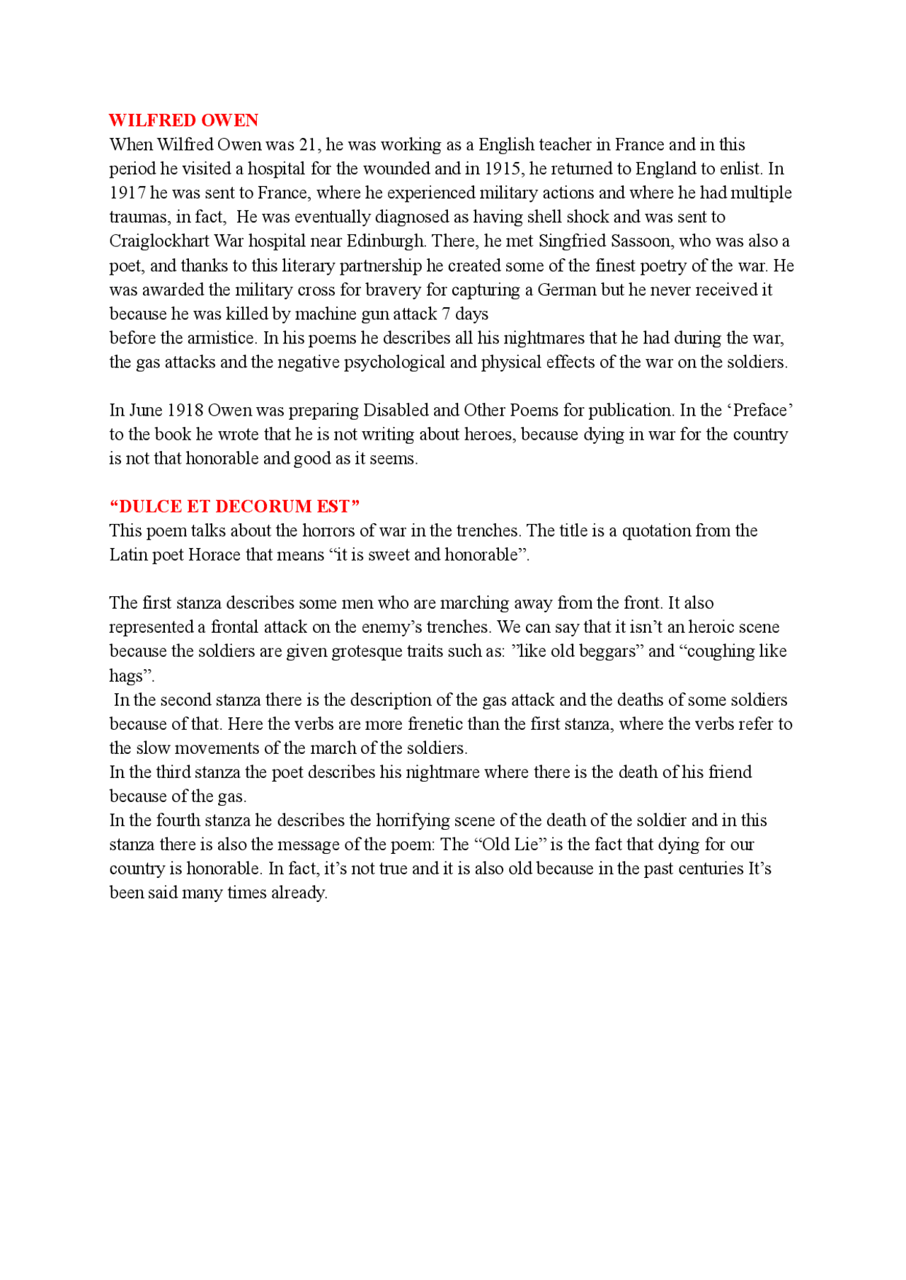DULCE ET DECORUM EST (Wilfred Owen) - Docsity