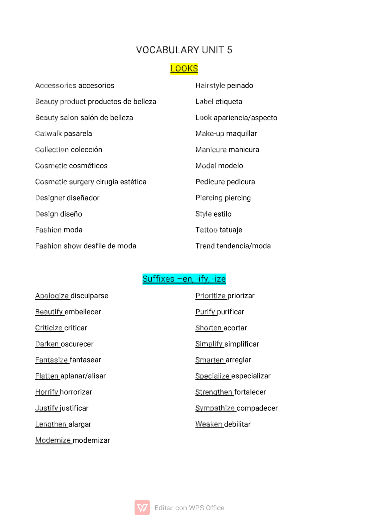 Vocabulario Unidad 5 Inglés - Docsity