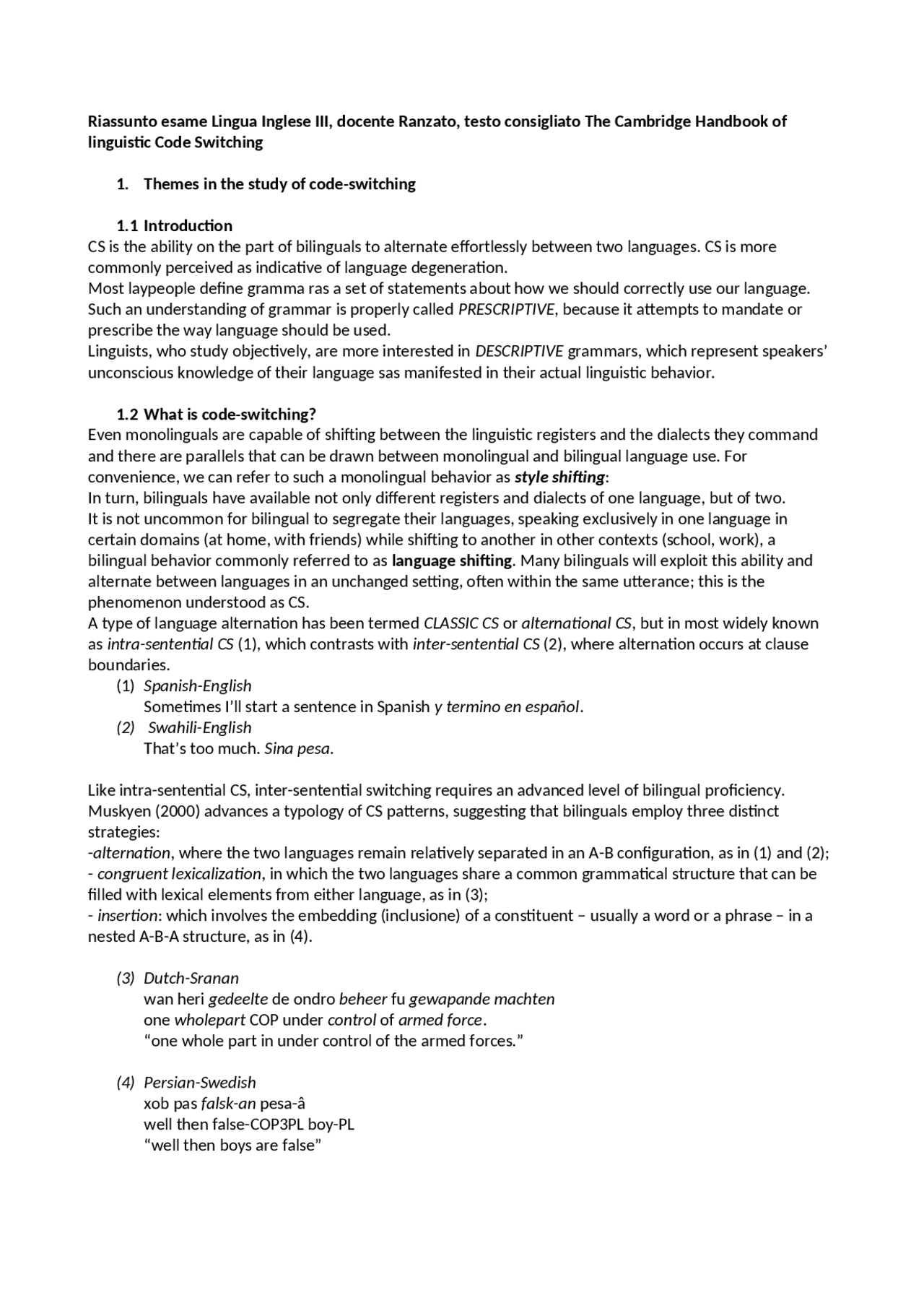 Sintesi The Cambridge Handbook Of Linguistic Code Switching Docsity