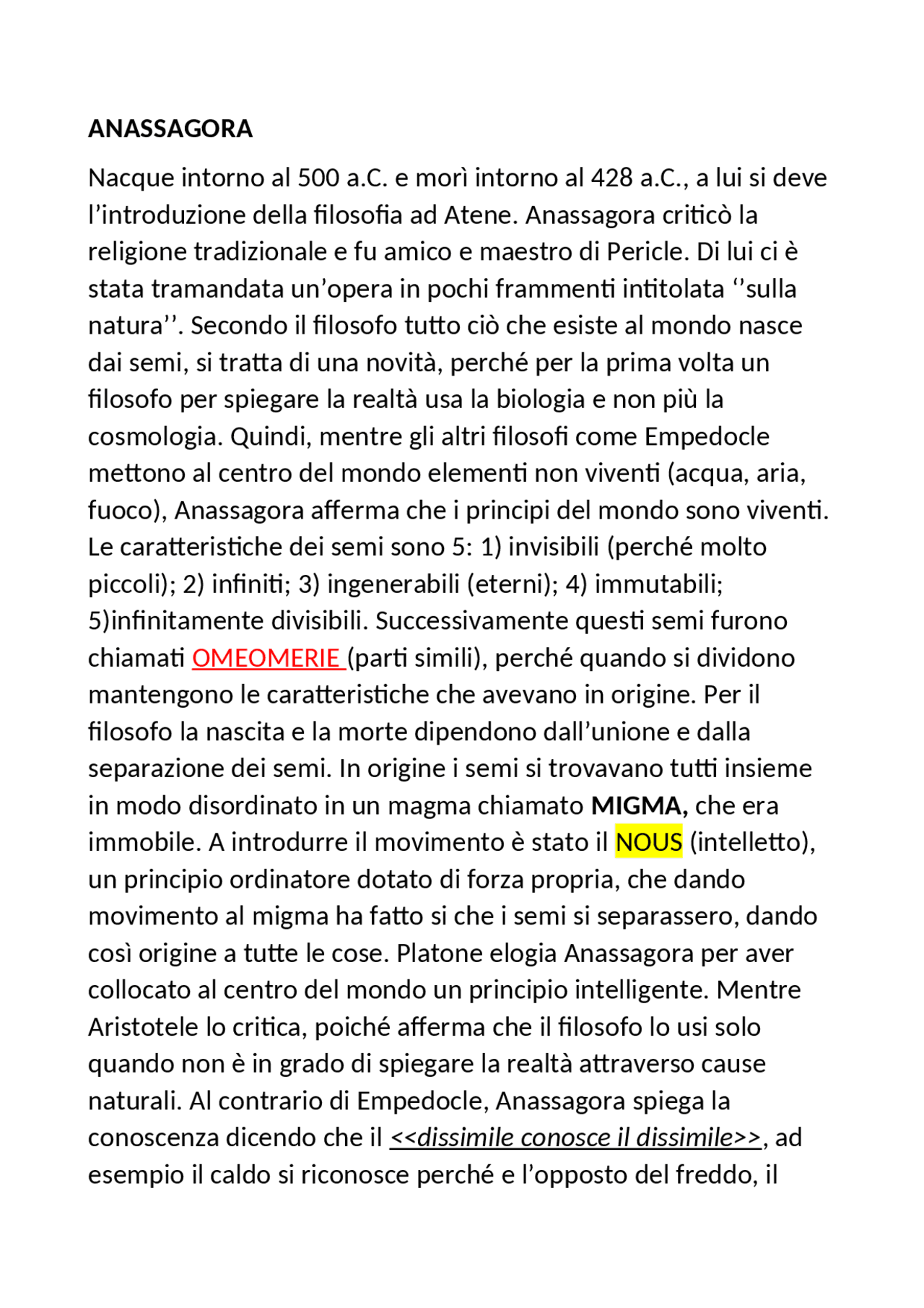Riassunto sulla filosofia di anassagora | Dispense di Filosofia | Docsity