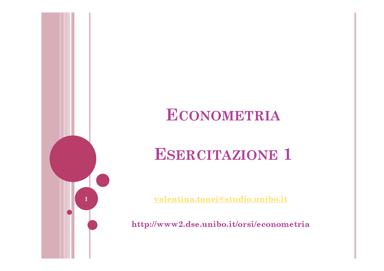Esercitazioni Di Econometria Esercizi Di Econometria Docsity