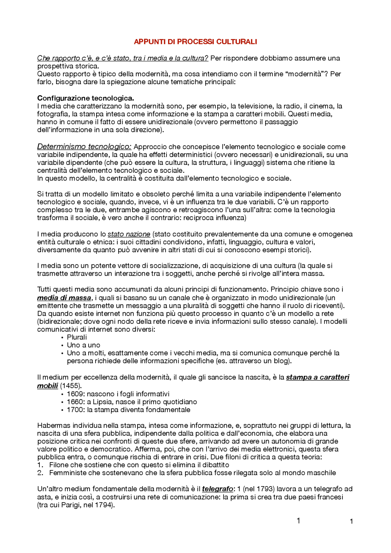 Appunti Lezione Processi Culturali Docsity