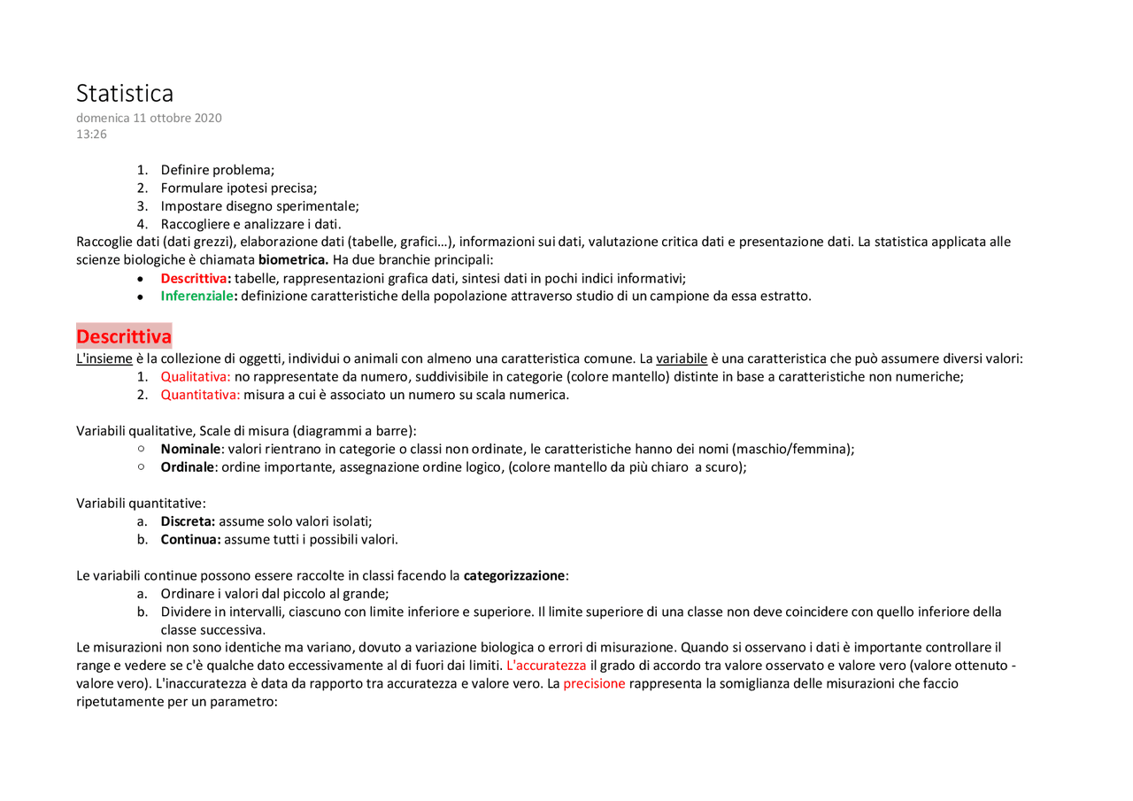 Appunti Di Biostatistica Della Professoressa Rizzi Docsity