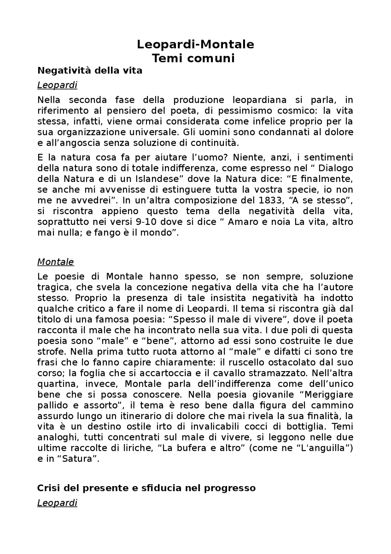 MONTALE E LEOPARDI A CONFRONTO | Temi di Italiano | Docsity