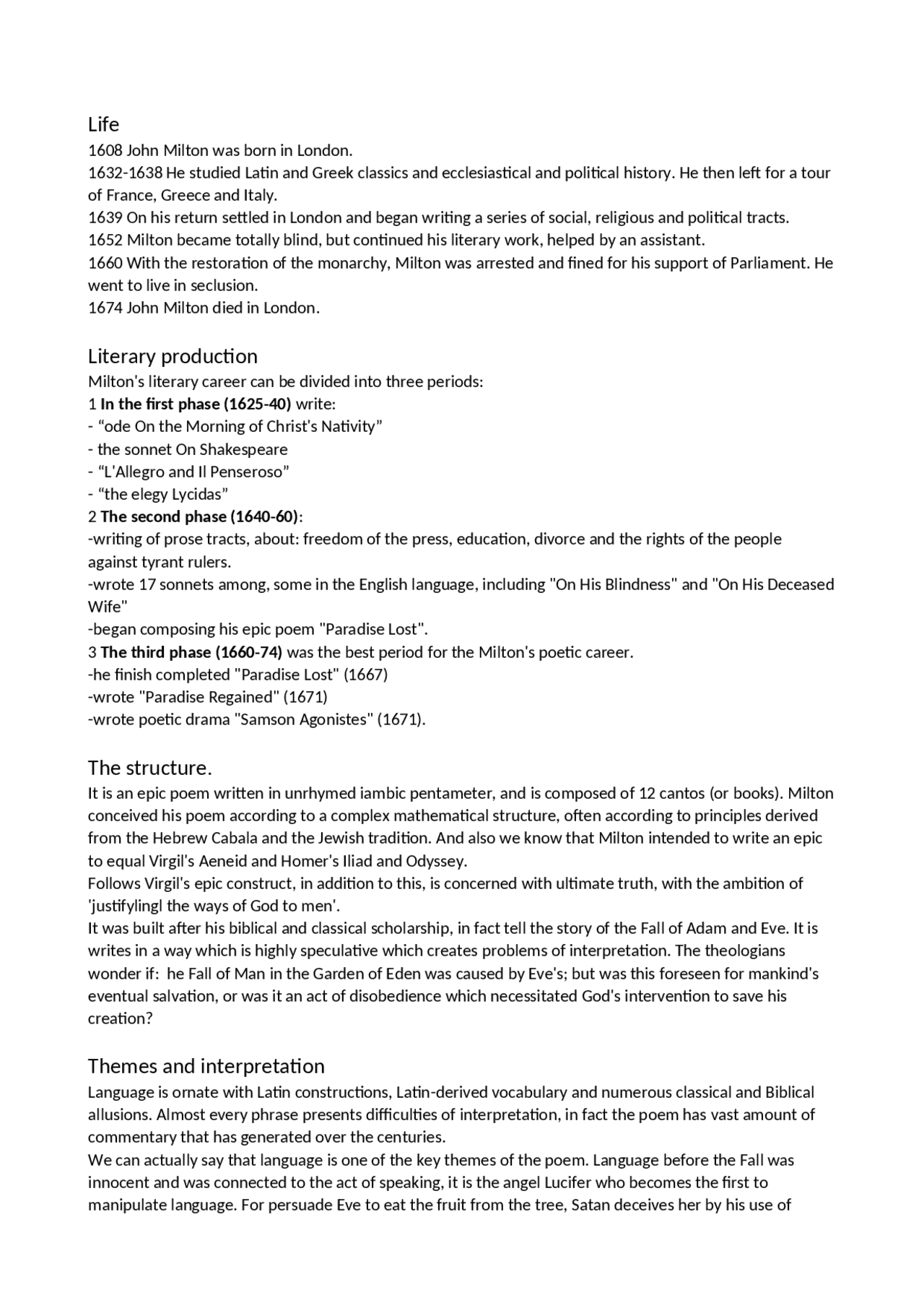 John Milton Life And Literary Production Docsity