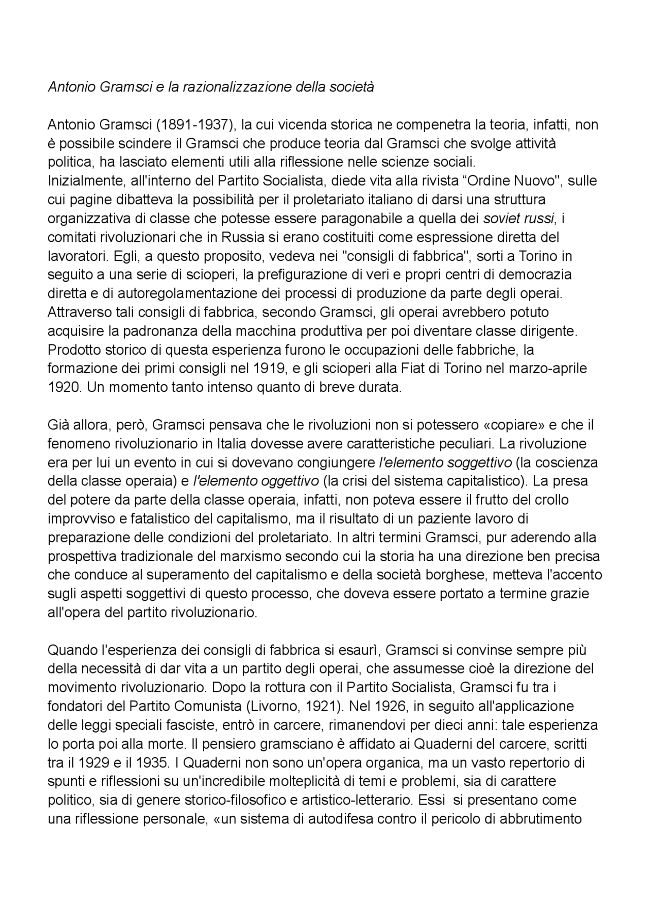 Antonio Gramsci Dal Libro Pagine Di Sociologia Docsity