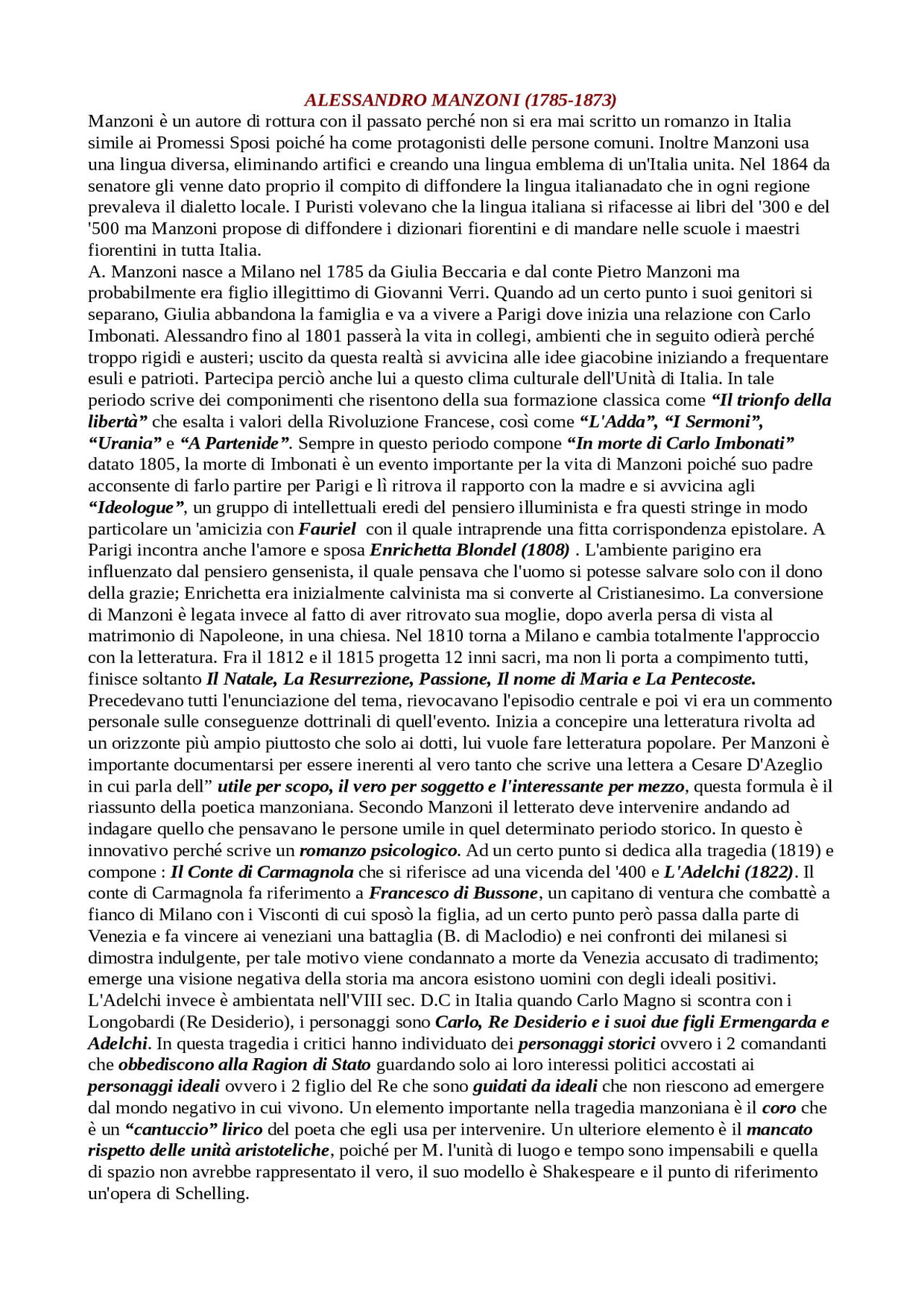 Riassunto + appunti su Manzoni - Docsity