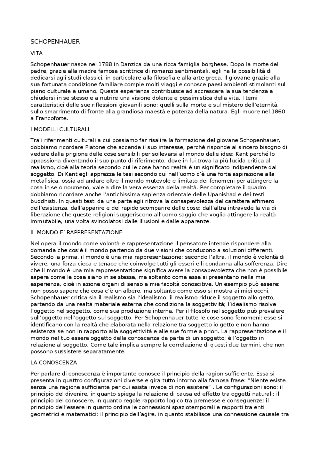 Schopenhauer Sintesi Docsity