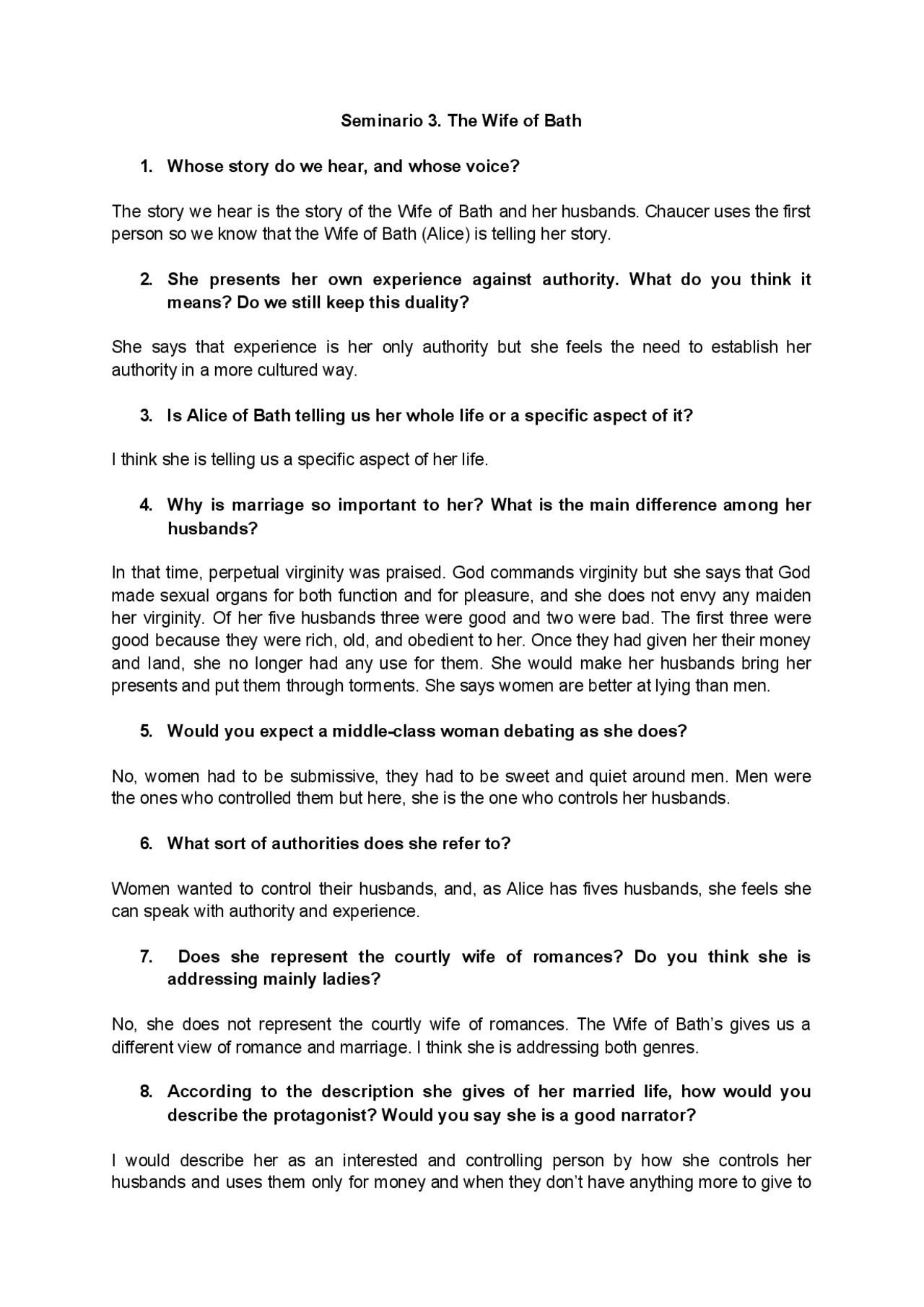 Seminario 3 . The wife of bath. Arquetipos literarios. - Docsity