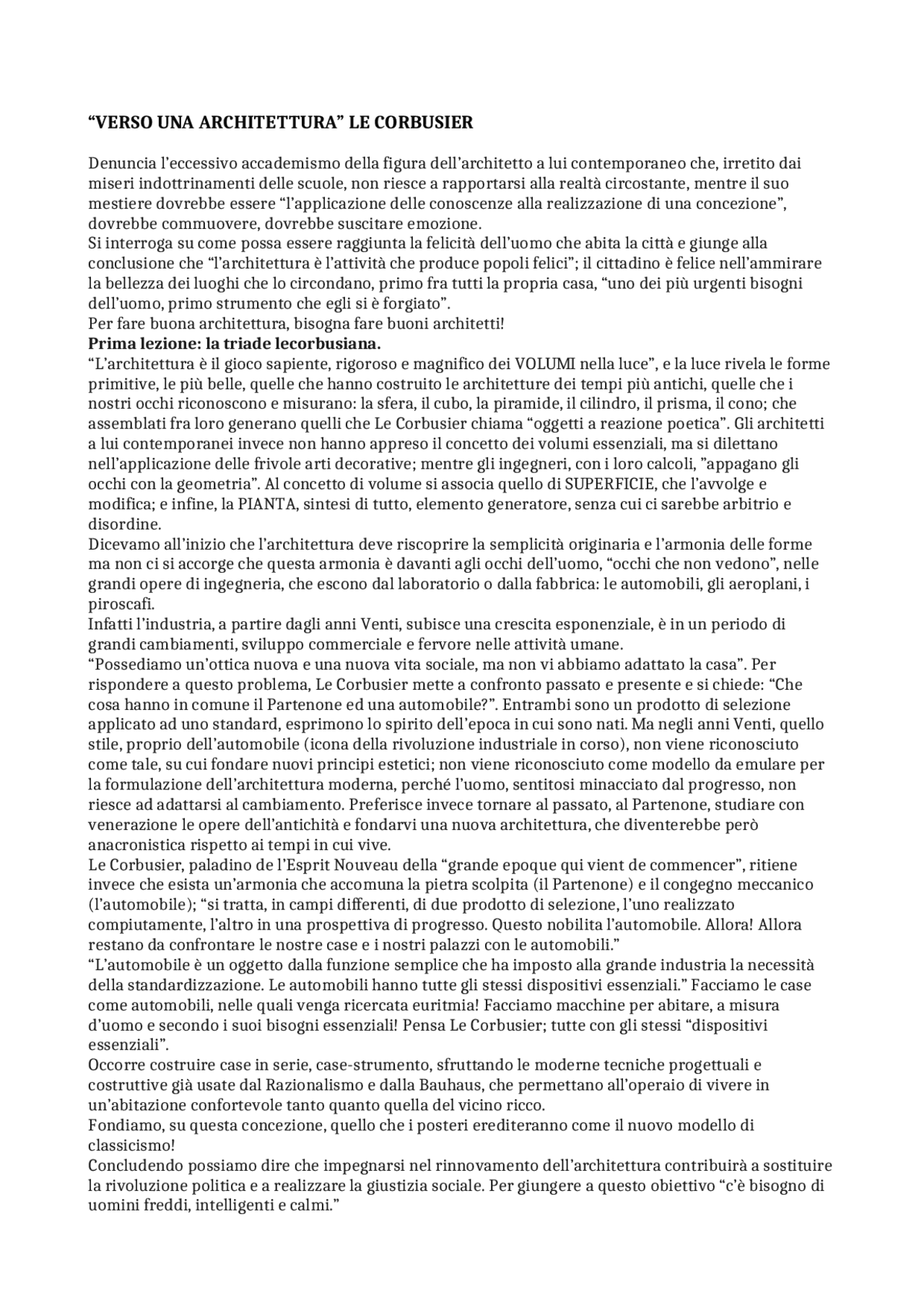 Verso Una Architettura Le Corbusier Commento Docsity