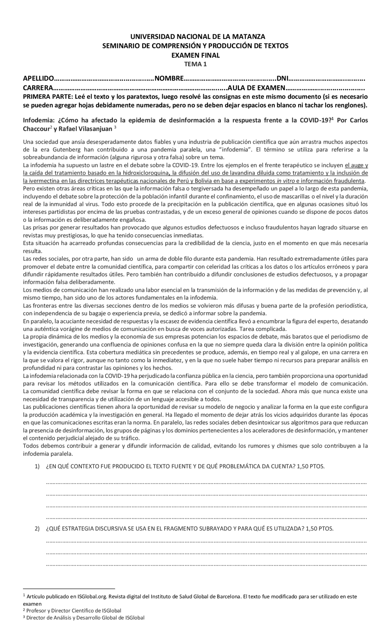 Modelos de examen de Seminario Unlam 2021 | Exámenes de Filosofía | Docsity