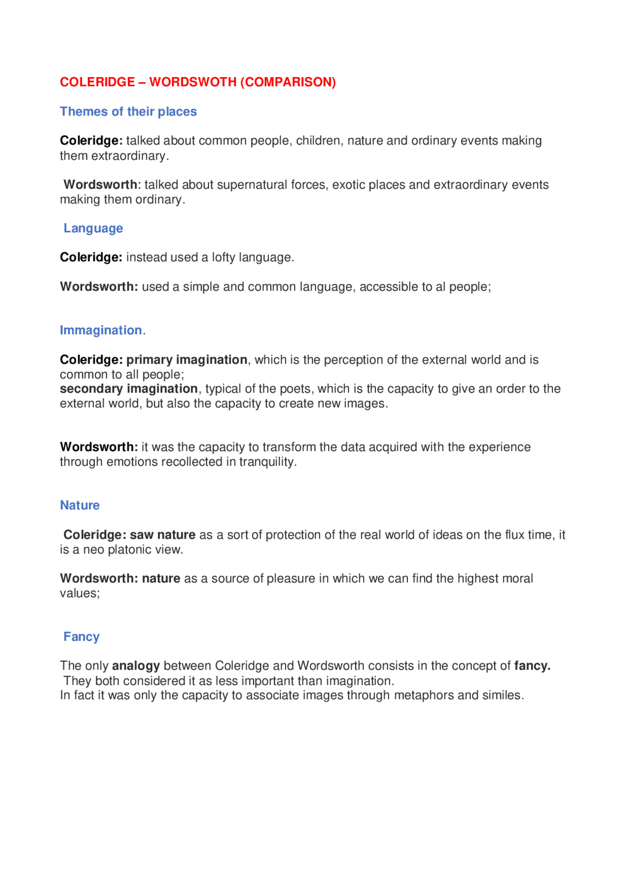 Coleridge Vs Wordsworth Docsity