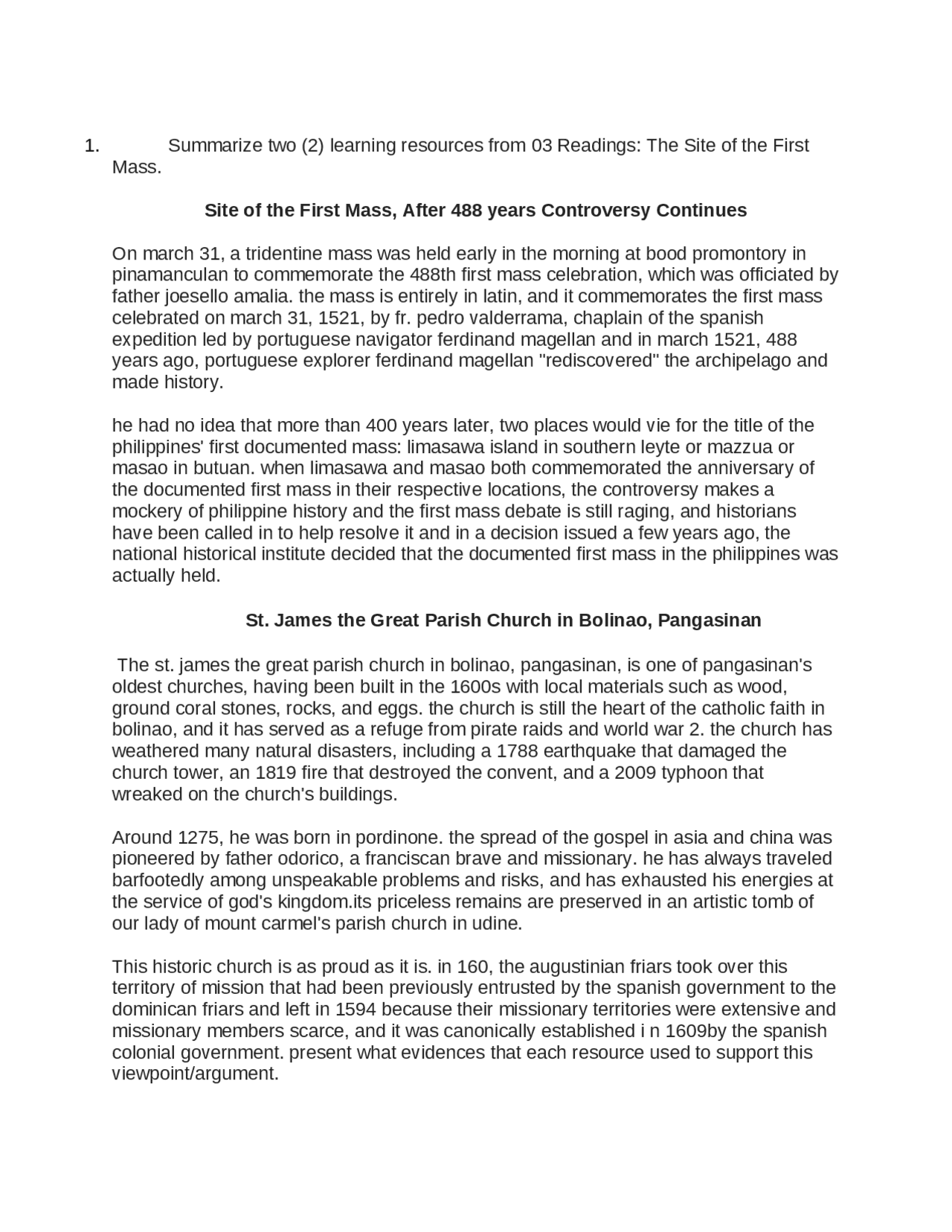 First Mass In Philippines | Assignments History | Docsity