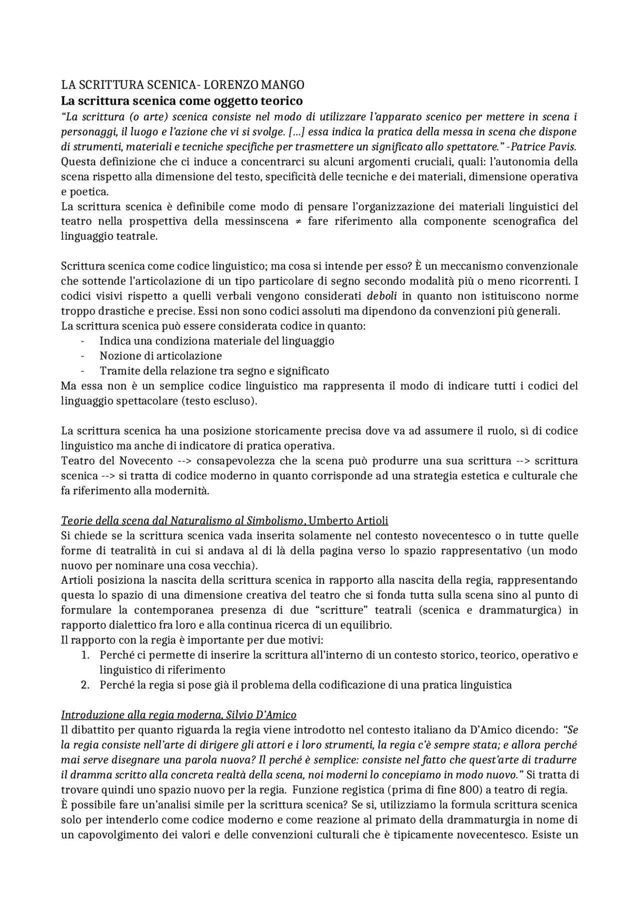 Sintesi Scrittura Scenica I Parte Mango Docsity