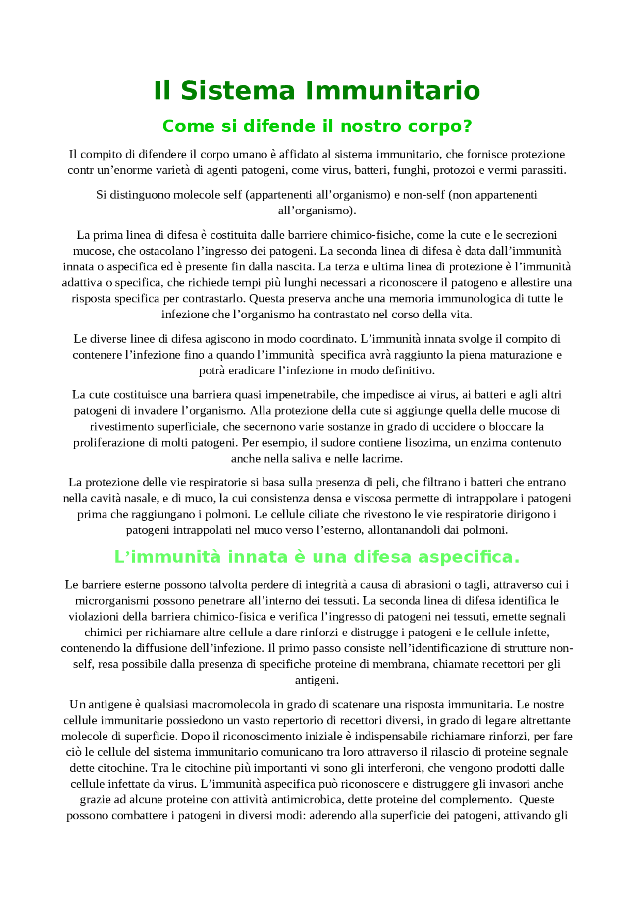 Appunti Sul Sistema Immunitario Docsity