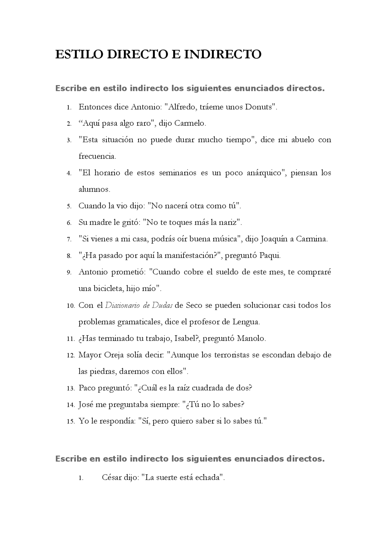 EJERCICIOS PARA PRACTICAR EL ESTILO DIRECTO E INDIRECTO 2 - Docsity