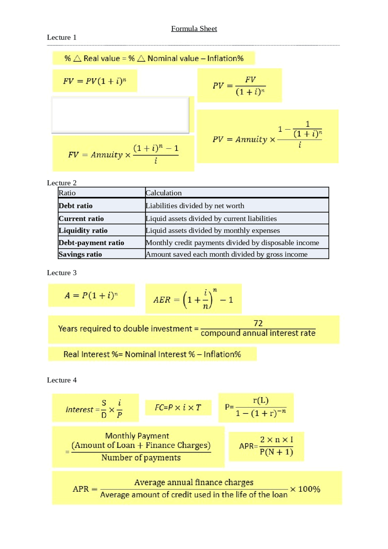 Formula Sheet For Managing Your Personal Finance Docsity