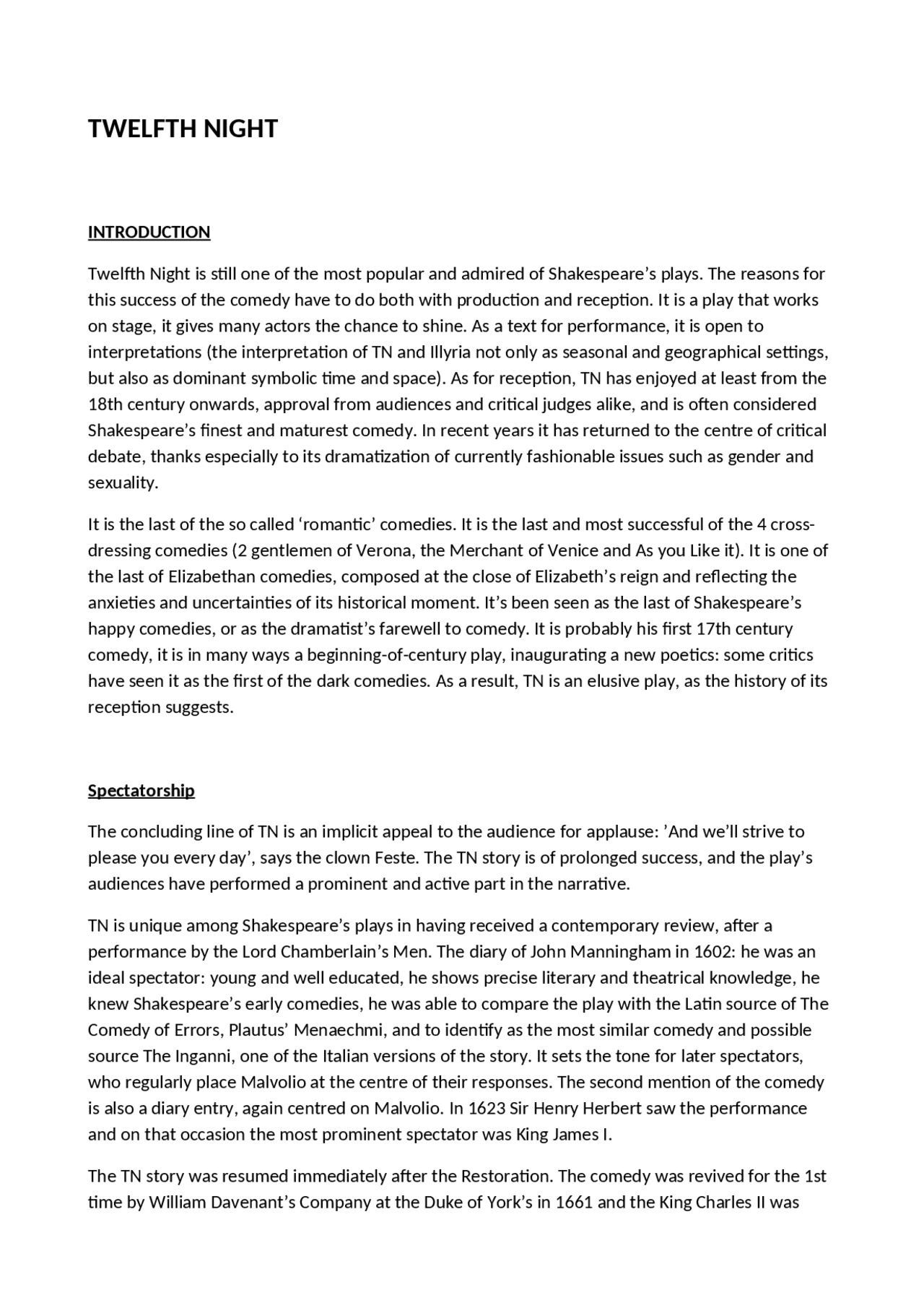 Riassunto "Introduzione a Twelfth Night" di Keir Douglas Elam - Docsity