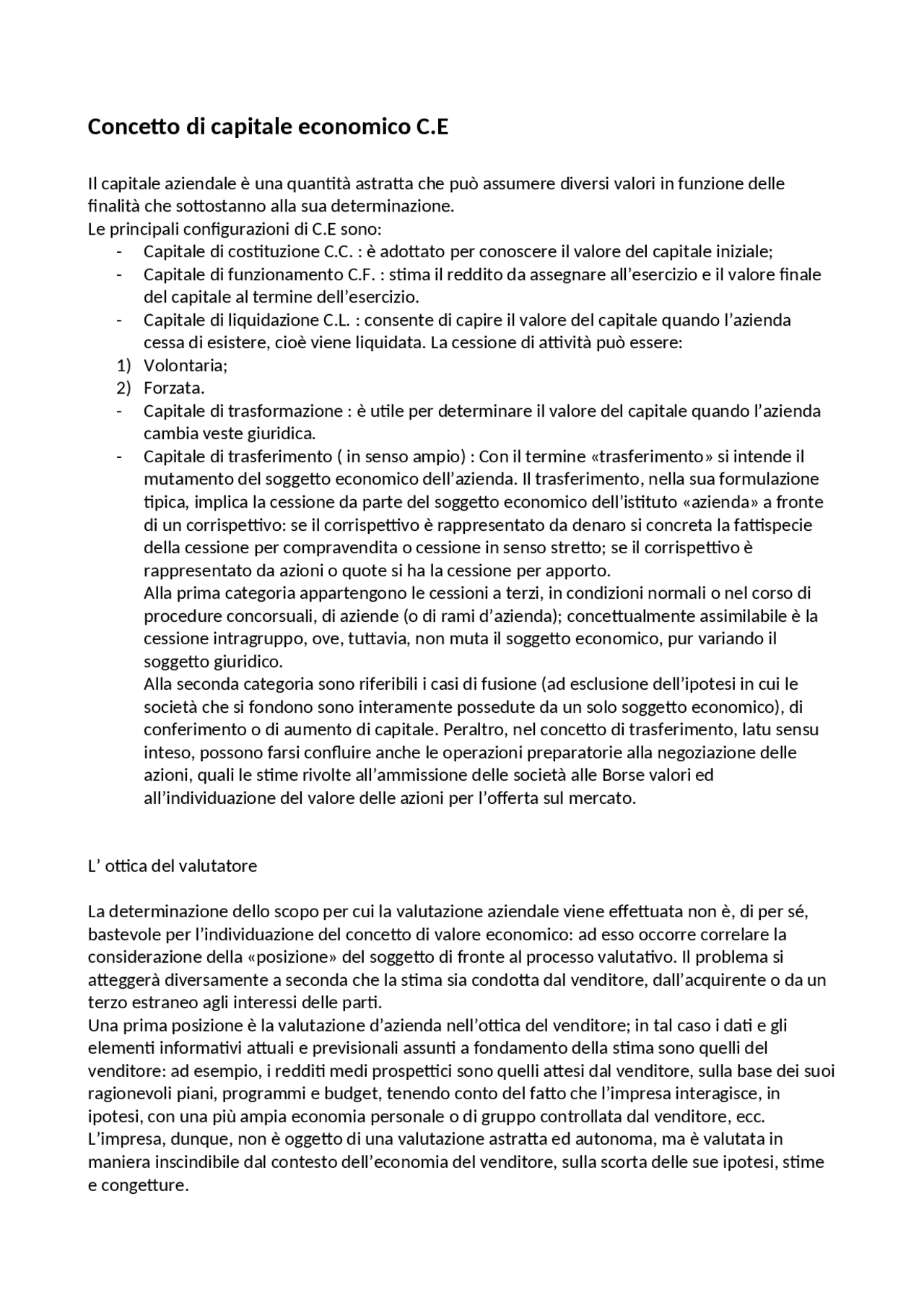 Valutazione del capitale economico - Docsity