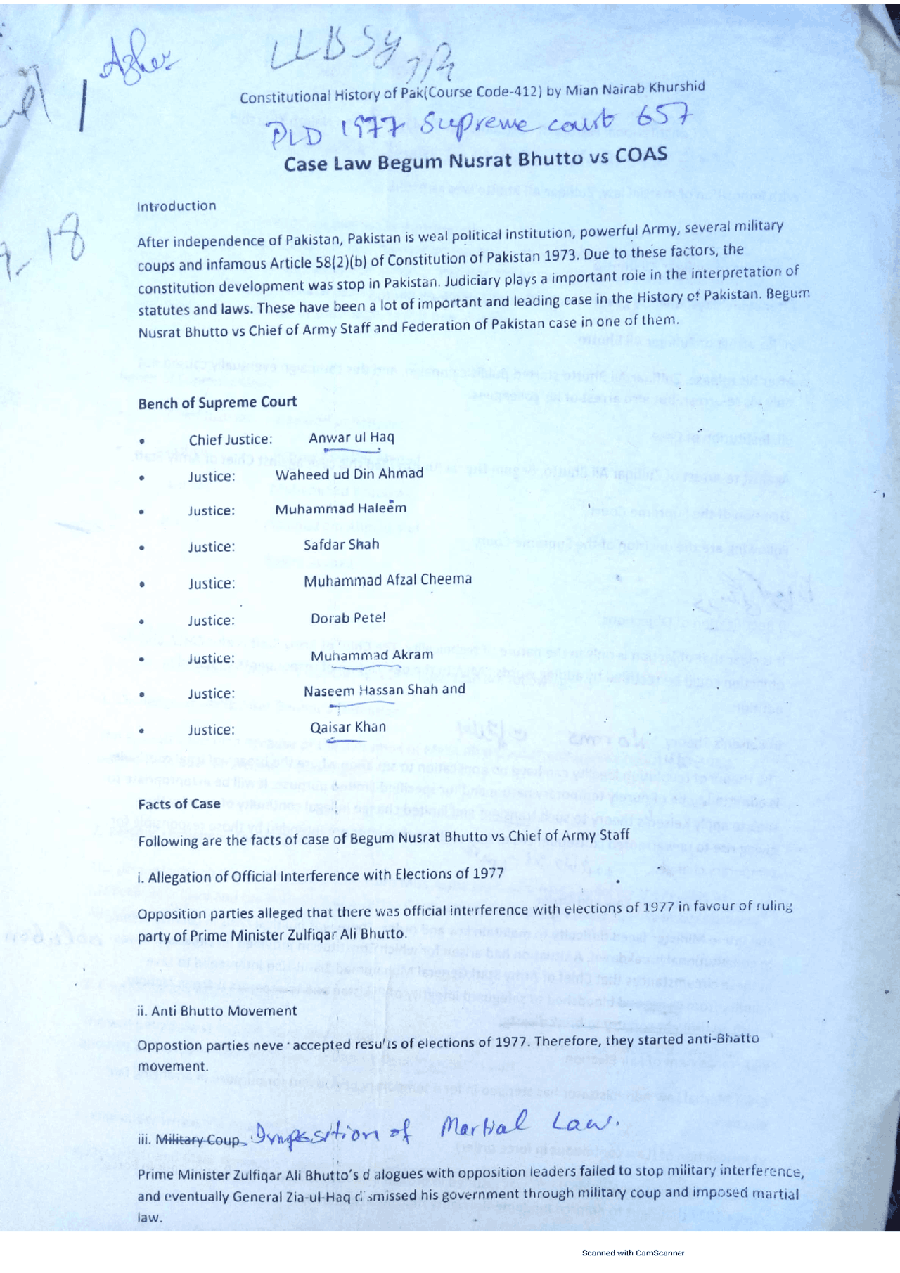 Begum Nusrat Bhutto case study | Assignments Constitutional Law | Docsity