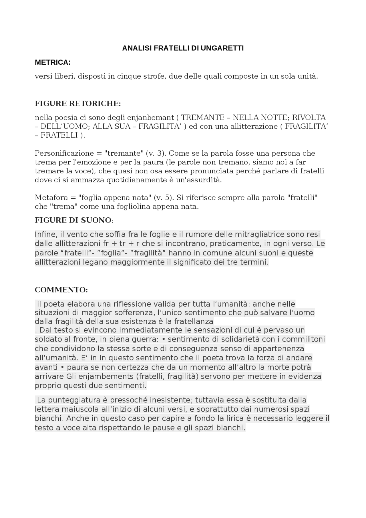 Fratelli Di Ungaretti Analisi Docsity