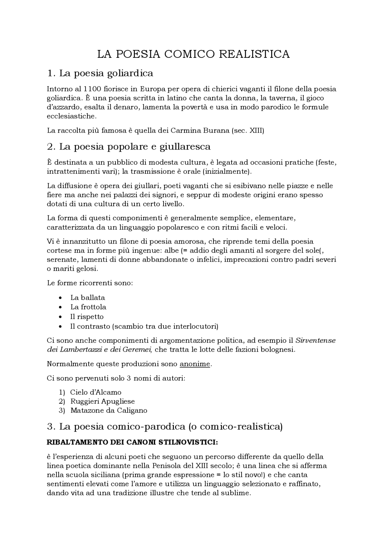 Riassunto Dei Caratteri Della Poesia Comico Realistica Docsity