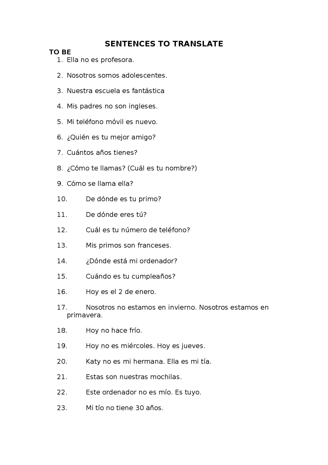 Sentences to translate - Docsity