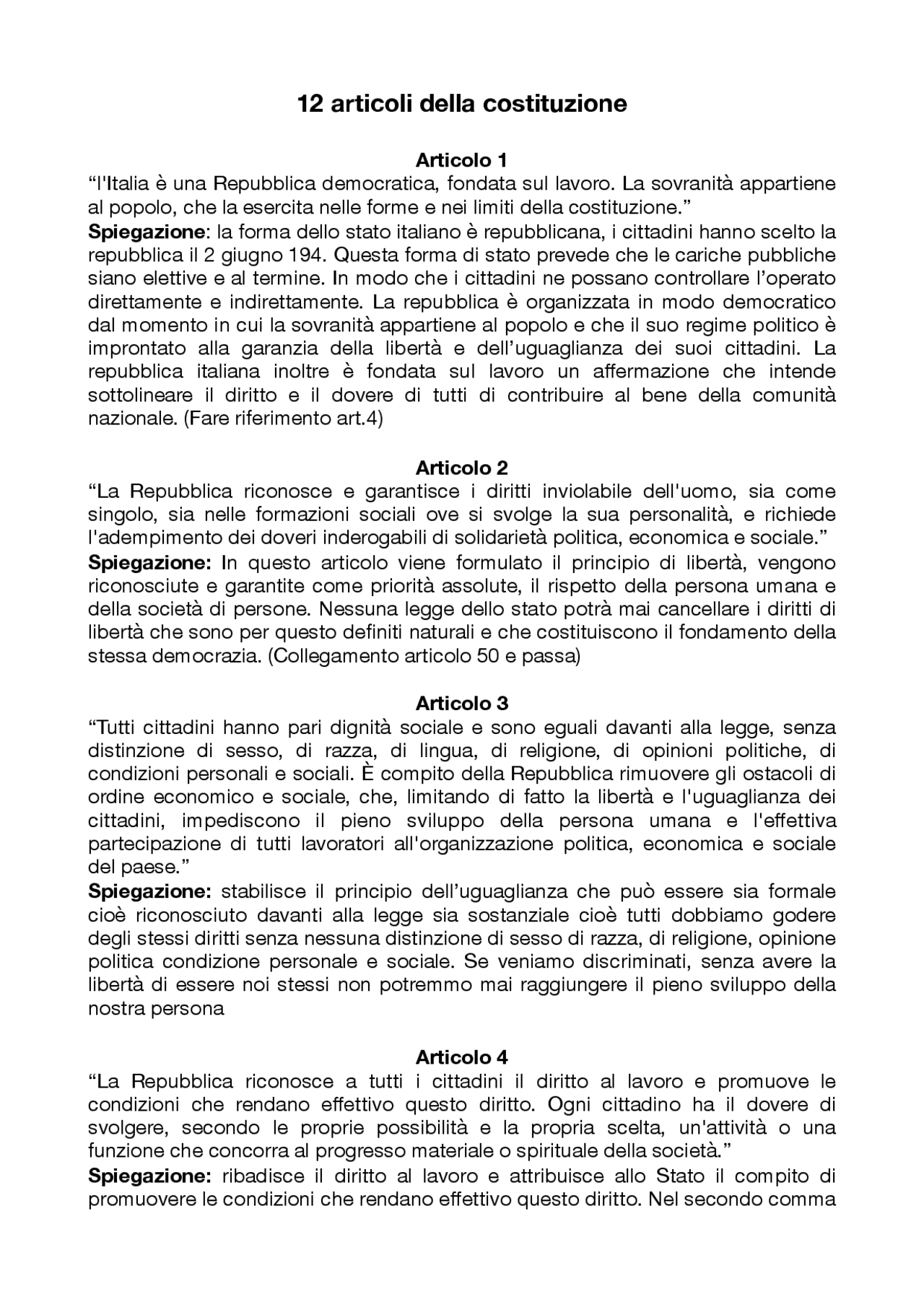 12 ARTICOLI COSTITUZIONE (ARTICOLI FONDAMENTALI) CON SPIEGAZIONE DI ...