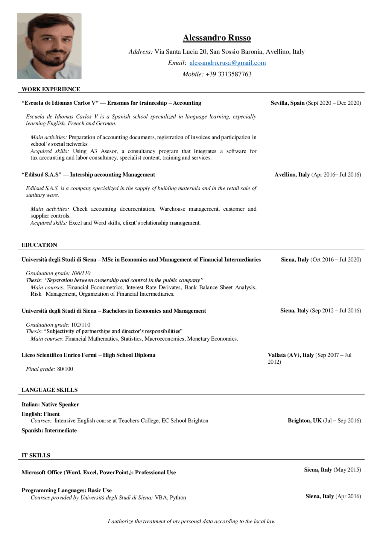Curriculum vitae alessandro russo - Docsity