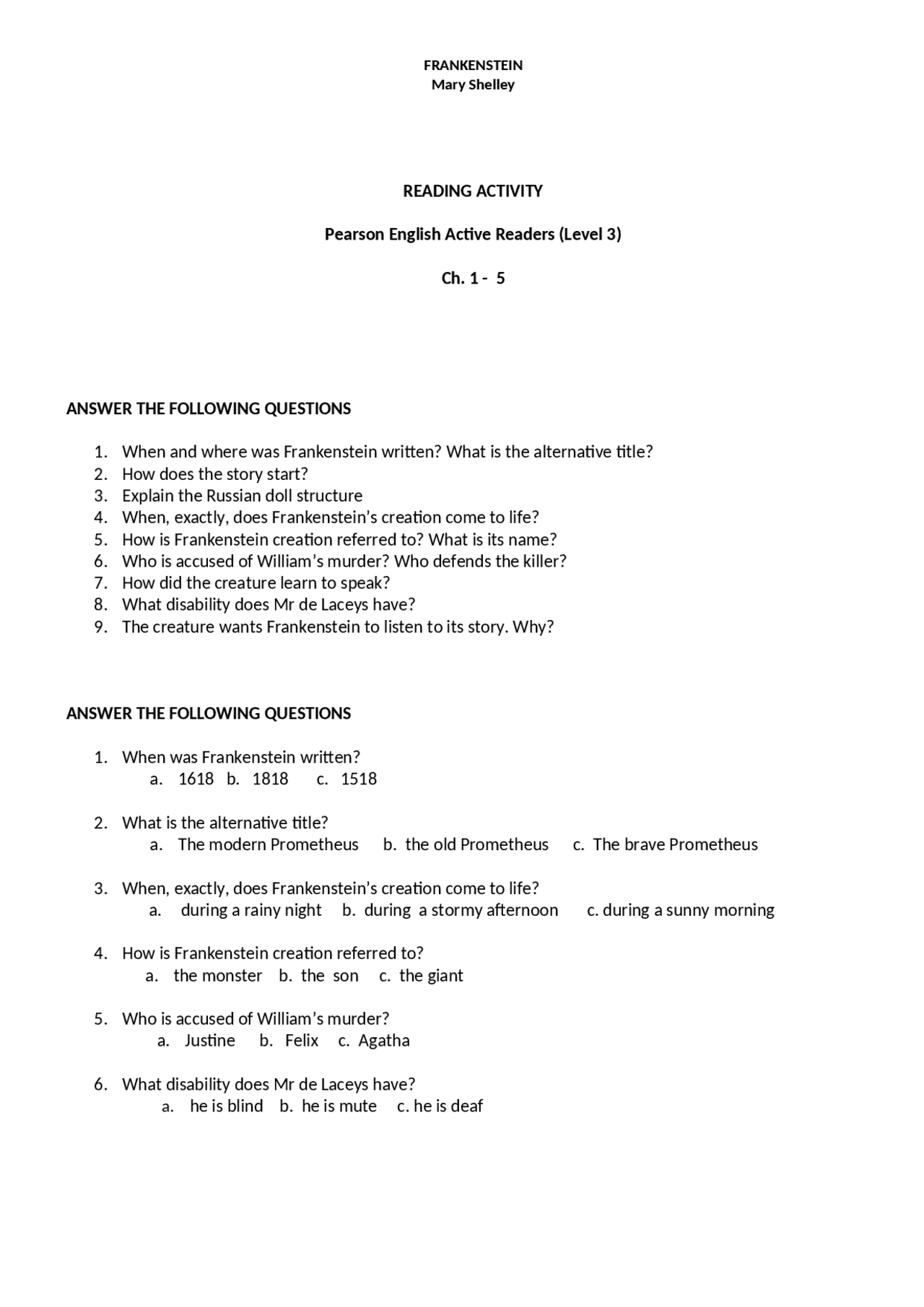 Frankenstein Reading Activity Docsity
