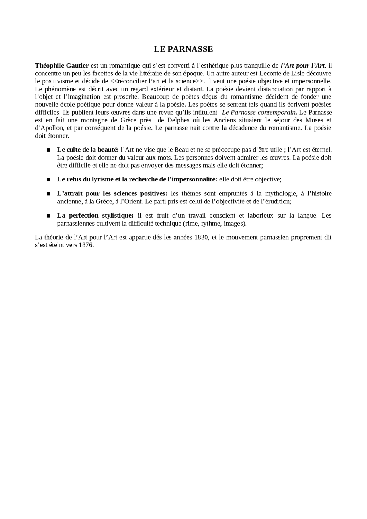 Le Parnasse Appunti Di Francese Docsity