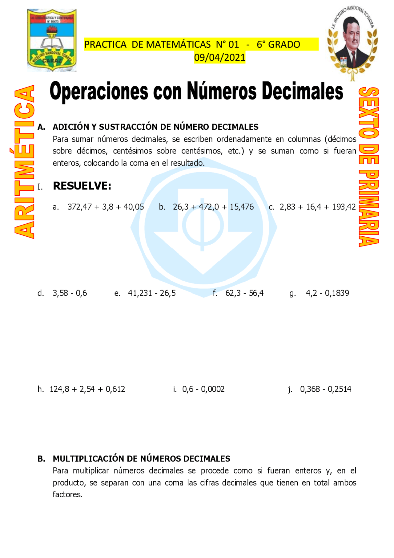 operaciones con números 6t° grado | Ejercicios de Matemáticas | Docsity