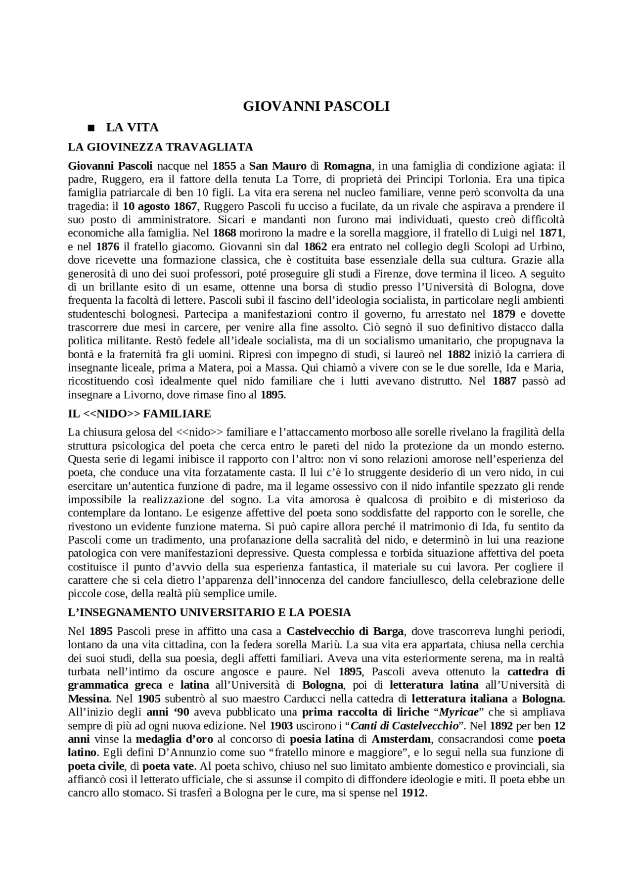 Giovanni Pascoli Il Piacere Dei Testi Docsity