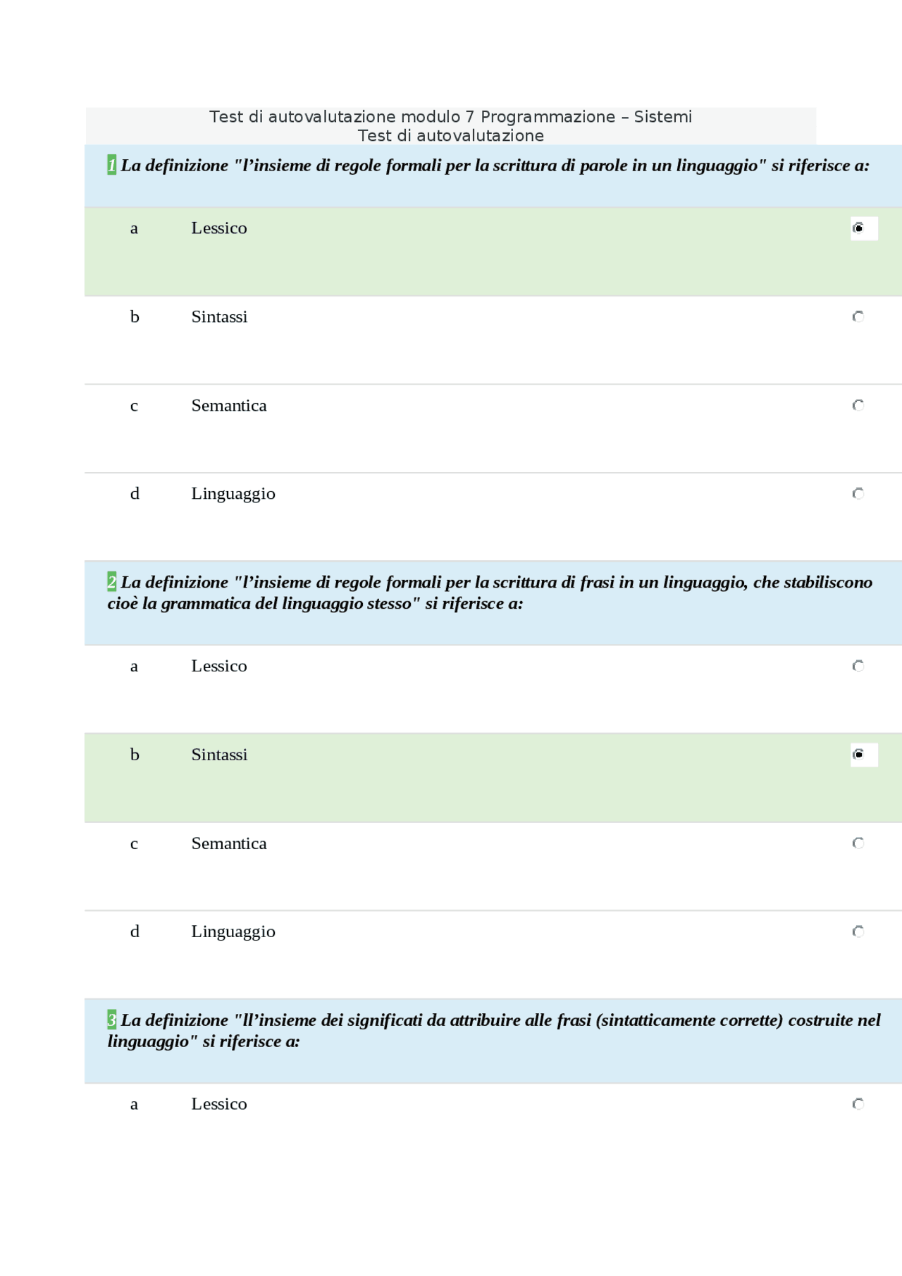 Test Autovalutazione Modulo 7 Programmazione Sistemi Esercizi Di