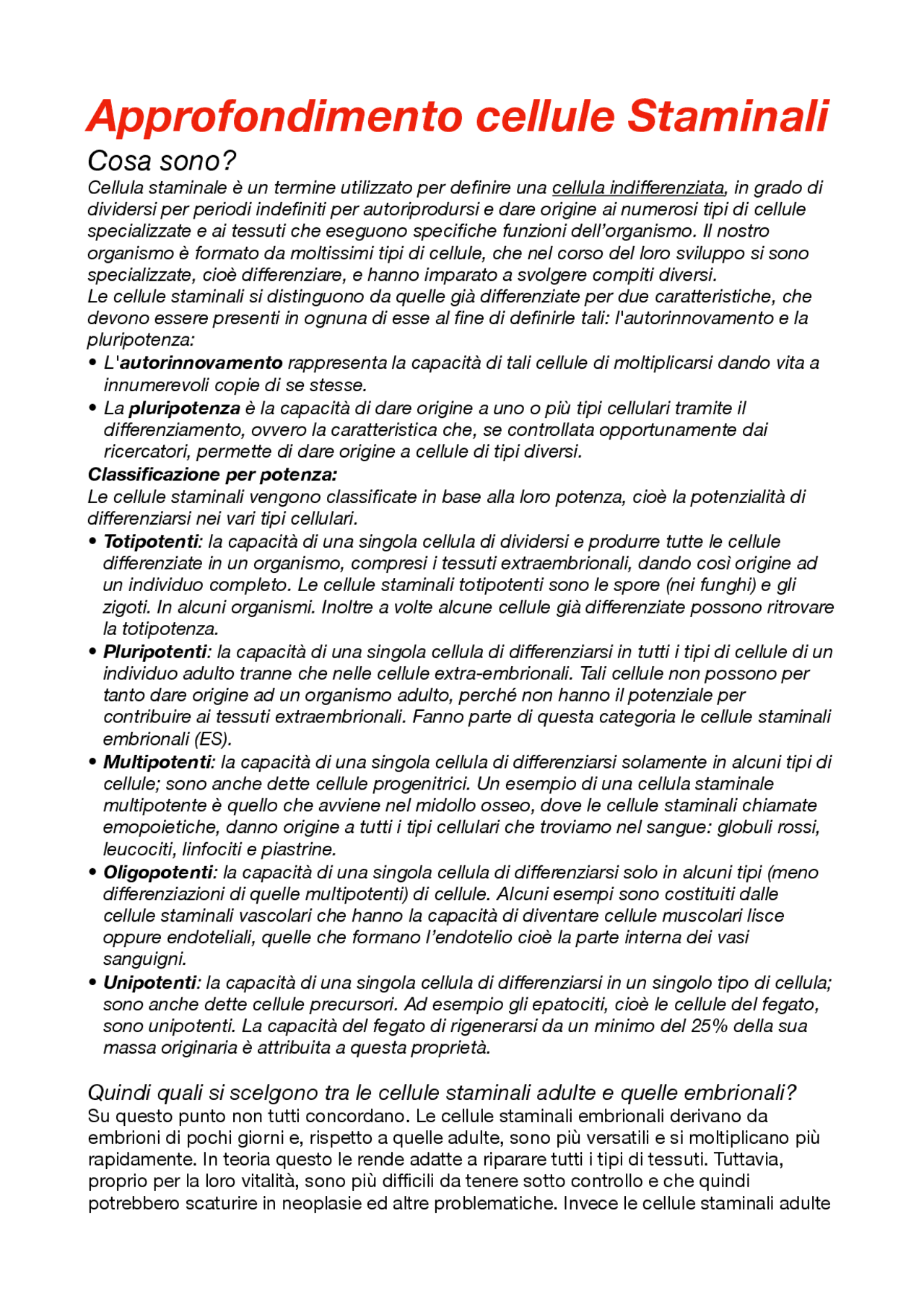 Approfondimento Cellule Staminali Docsity