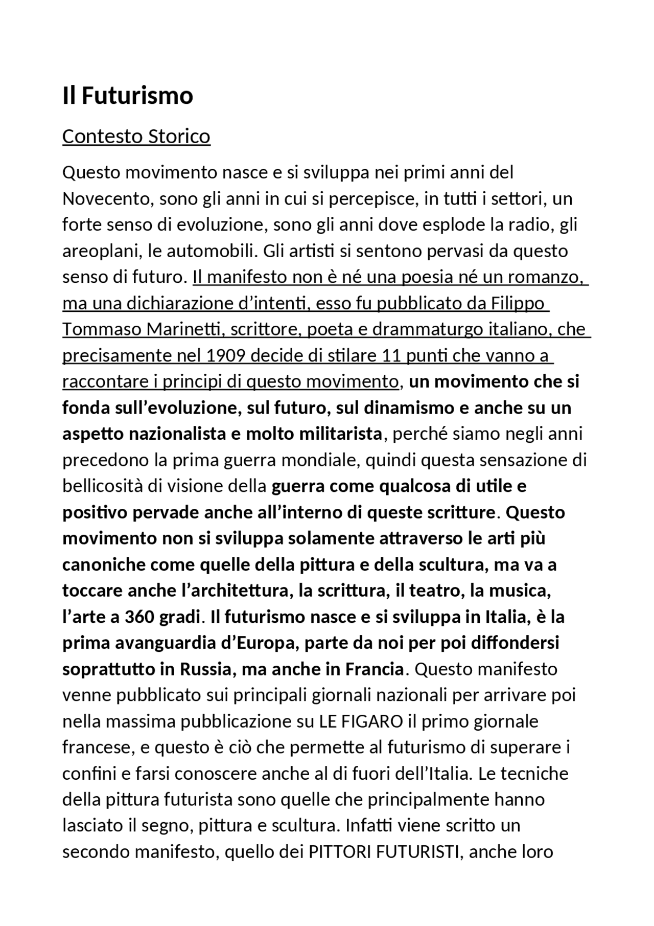 Il Futurismo Riassunto Docsity