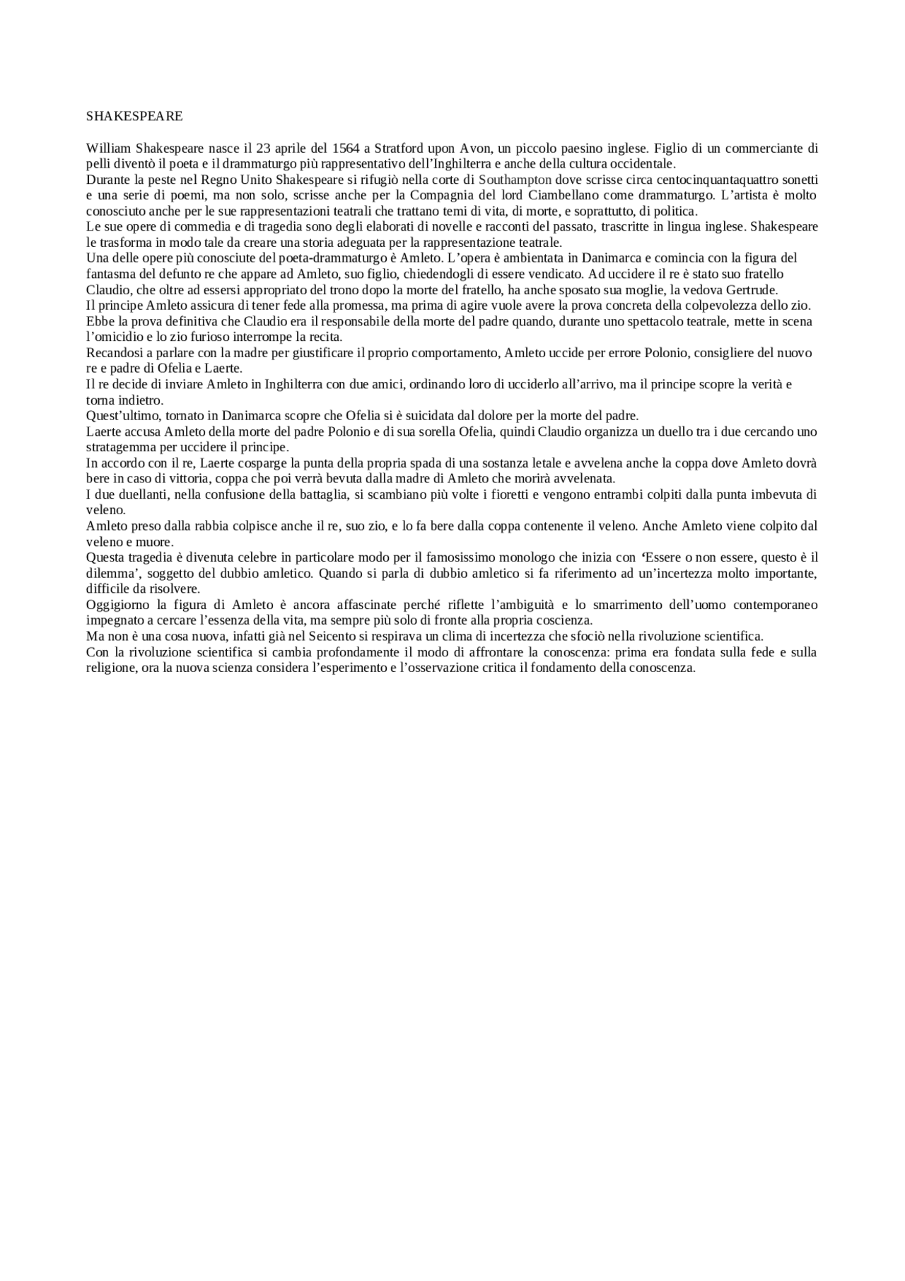 Amleto Di Shakespear Riassunto Docsity