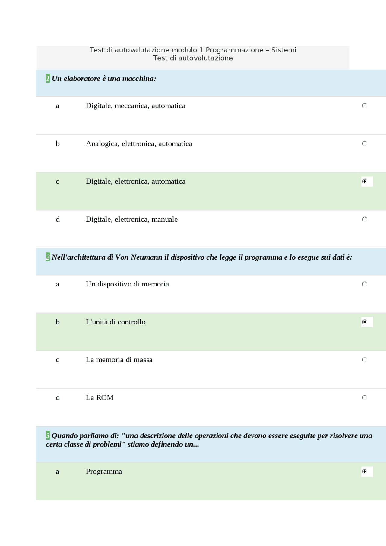 Test Autovalutazione Modulo 1 Programmazione Sistemi Docsity