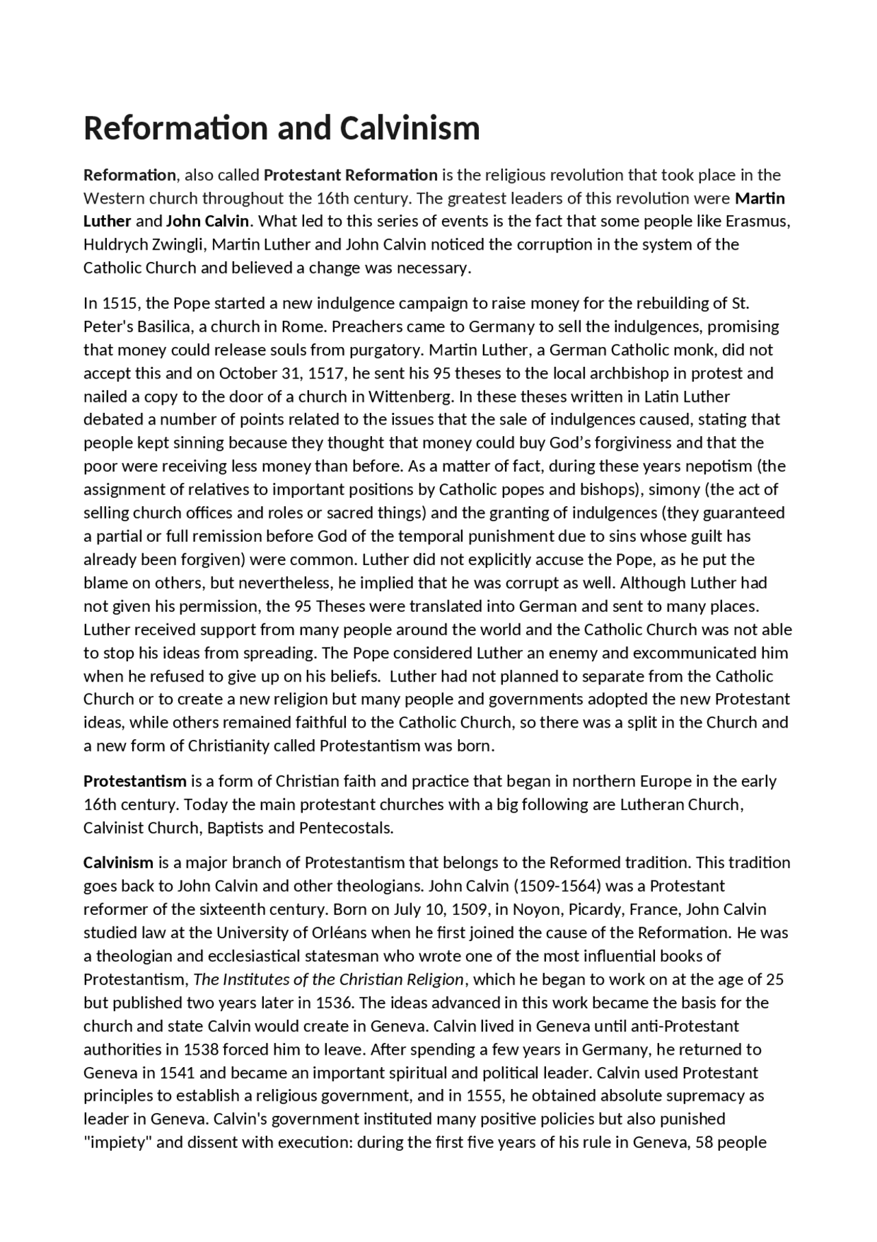 Reformation and Calvinism - Docsity