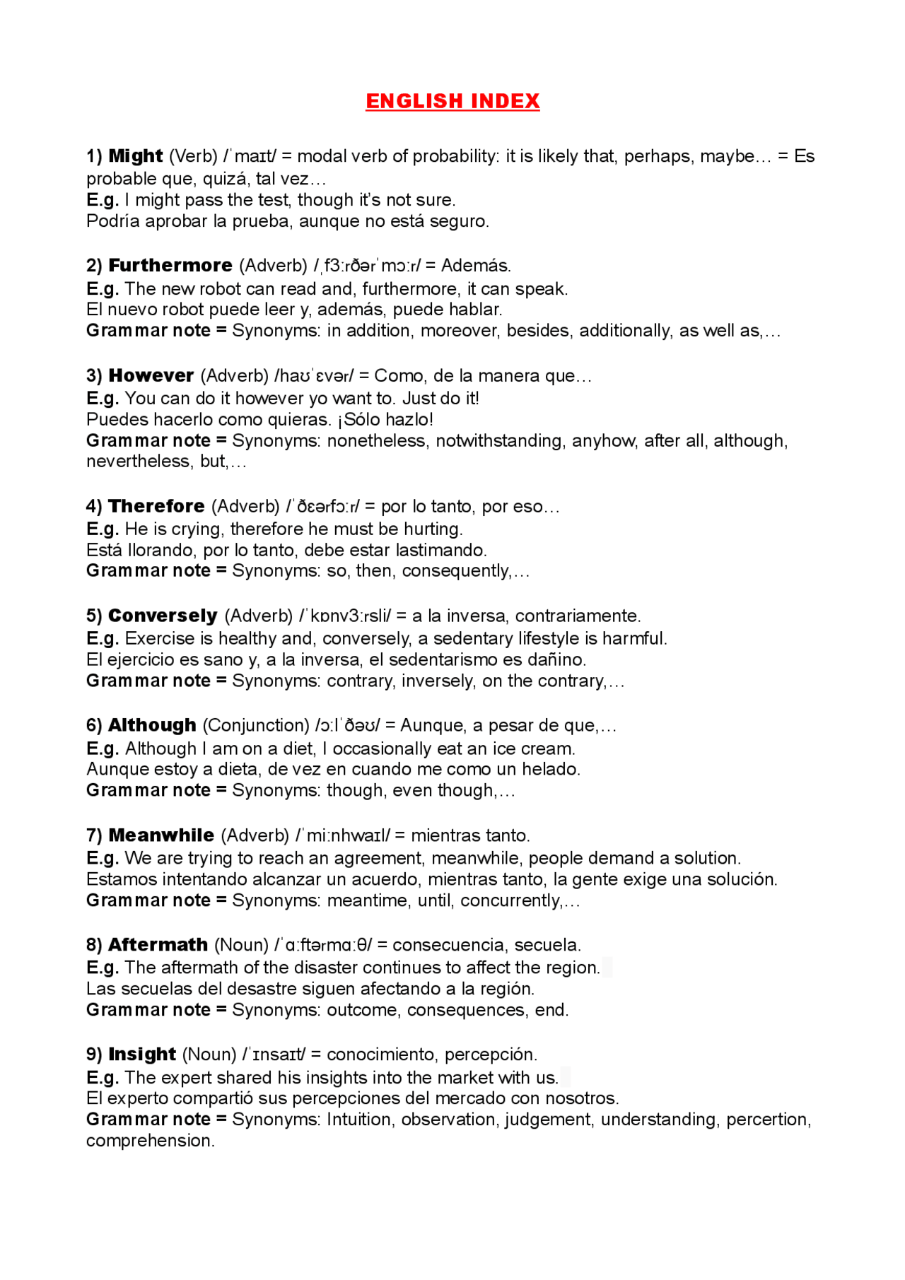 Un índice tipo diccionario de inglés - Docsity