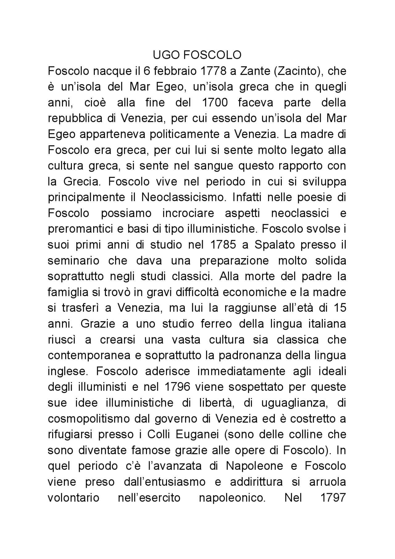 Ugo Foscolo Appunti Docsity