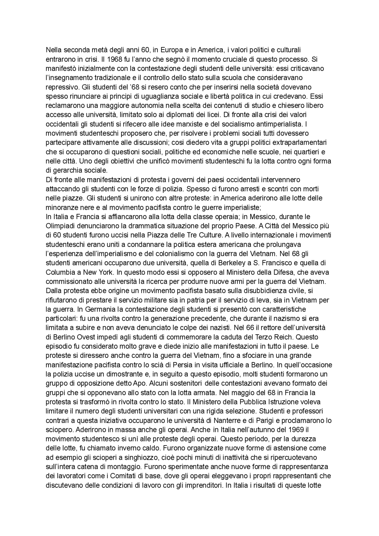 Il '68 italiano, annata importante per la storia italiana. - Docsity