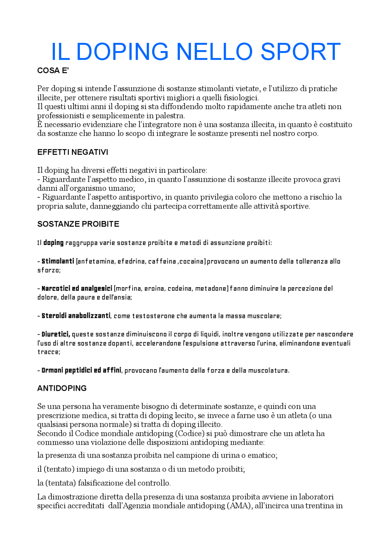 Doping, cos'è e cosa causa - Docsity