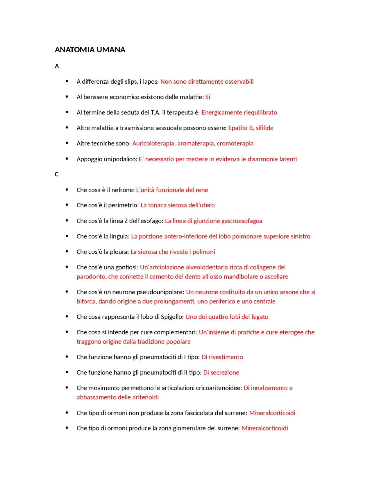 Risposte Esame Anatomia Umana Docsity