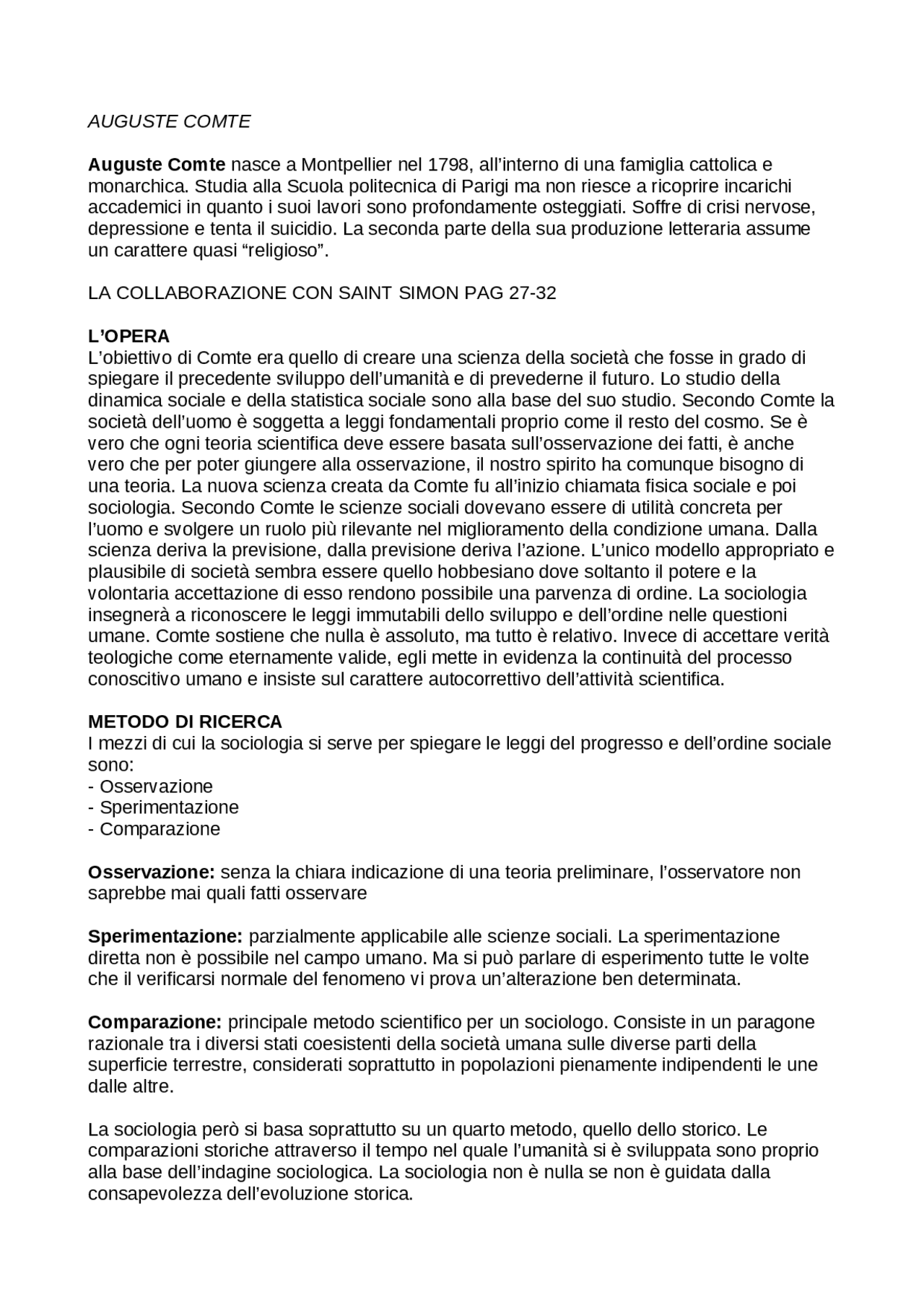 Appunti Auguste Comte Docsity