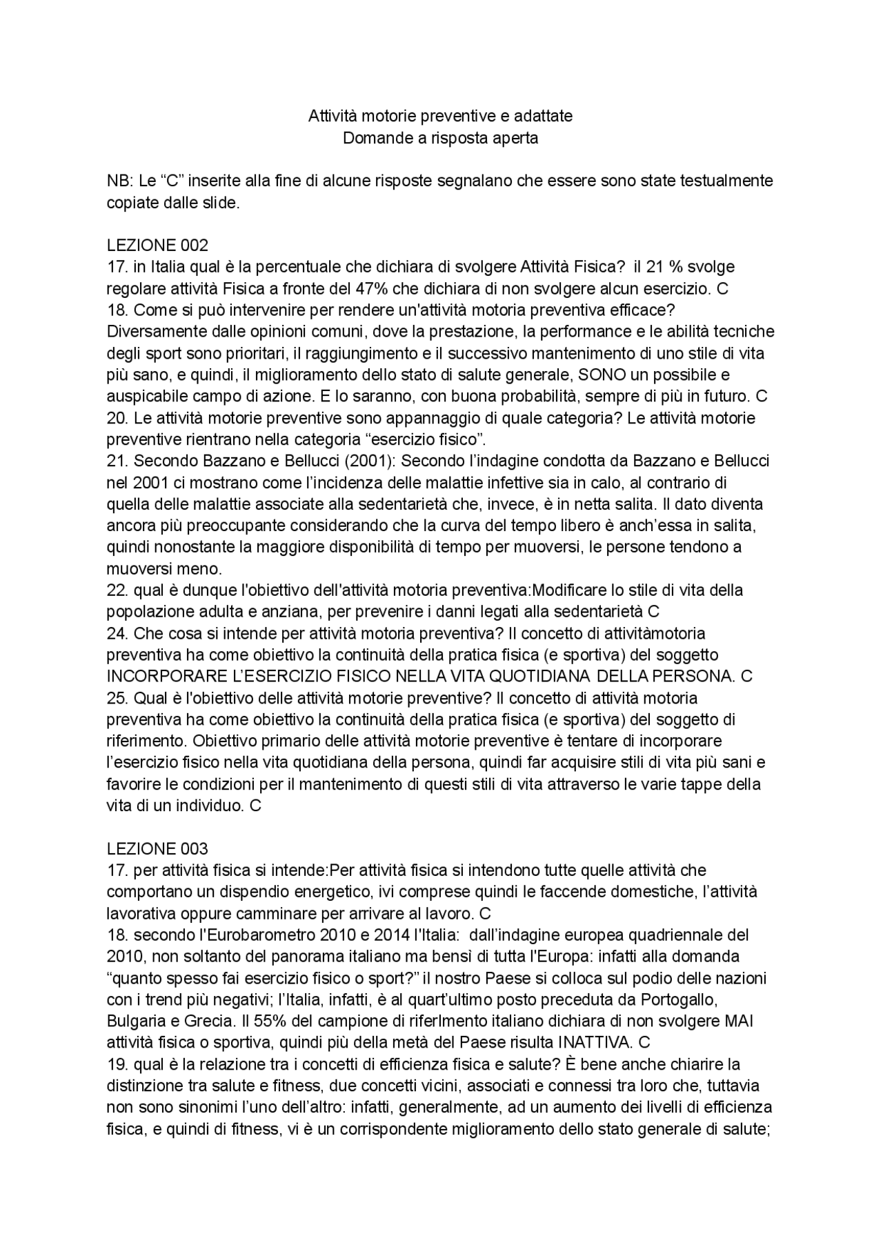 Domande Aperte Attività Motorie Preventive E Adattate E Campus
