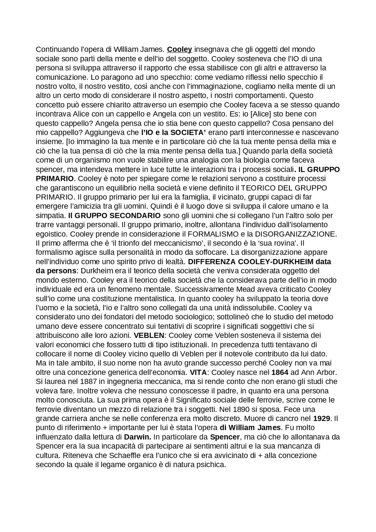 Appunti Di Storia Del Pensiero Sociologico Su Cooley Docsity