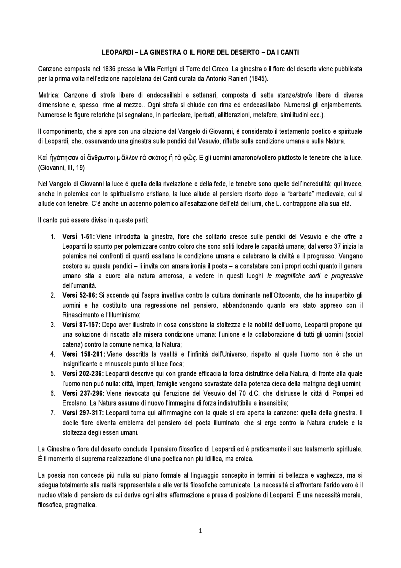 Leopardi La Ginestra Sintesi Docsity
